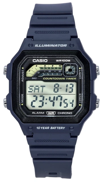 CASIO DIGITAL ALARM Chrono Countdown Timer Illuminator WS1600H2A 100M ...