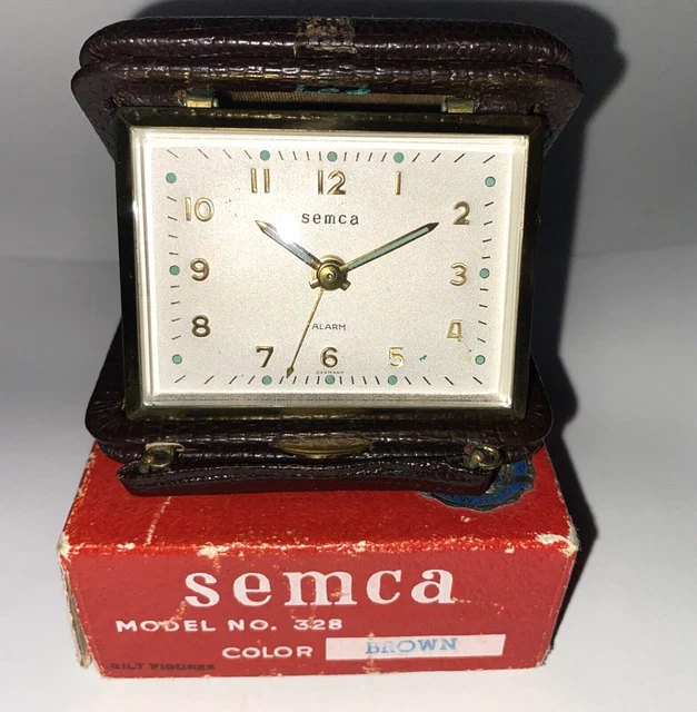 VINTAGE SEMCA NO. 328 Wind Up Travel Alarm Clock Flip Open Suitcase ...