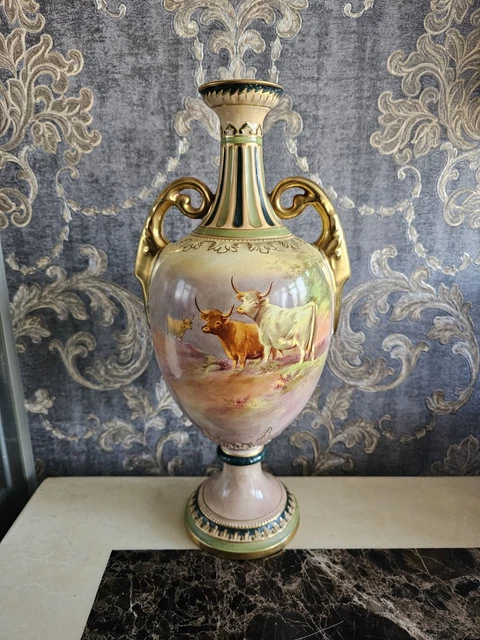 ANTIQUE 20TH C Crown Devon Sf & Co Highland Cattle Vase Handpainted ...