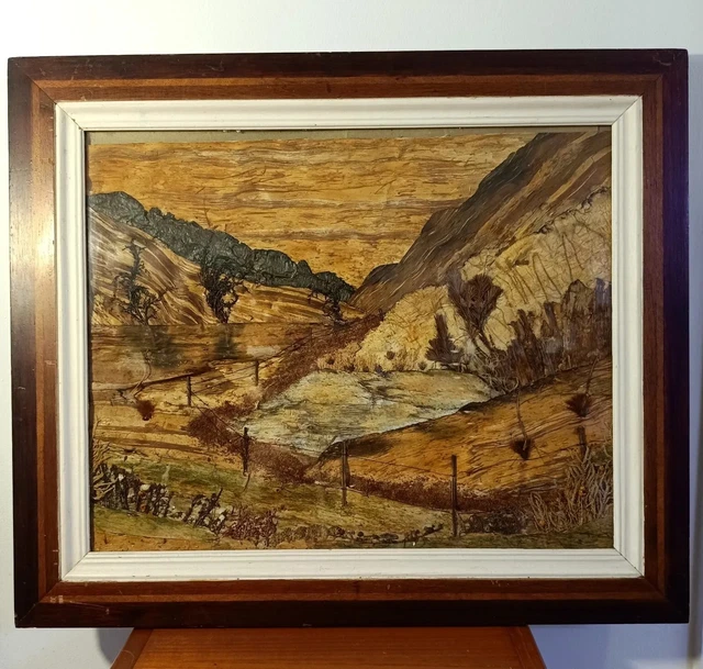LARGE 1960S SIGNED Original Bark Art Landscape By M Duell Framed ...