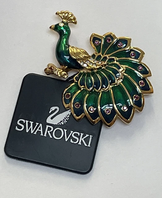 SWAROVSKI SWAN SIGNED Gold Enamel Crystal Peacock Bird Brooch Pin £47. ...