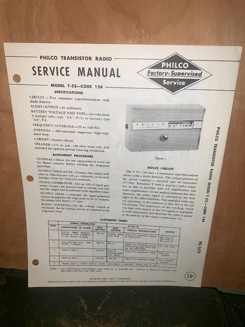PHILCO TRANSISTOR RADIO Model T-52 Service Manual Schematics #2 £8.95 ...