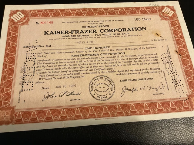 KAISER-FRAZER CORP STOCK Certificate 1946 Brown 100 Shares Issued Jan ...