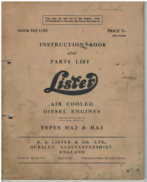 LISTER HA2 & Ha3 Ind. Diesel Engine Orig. 1958 Instruction Manual ...