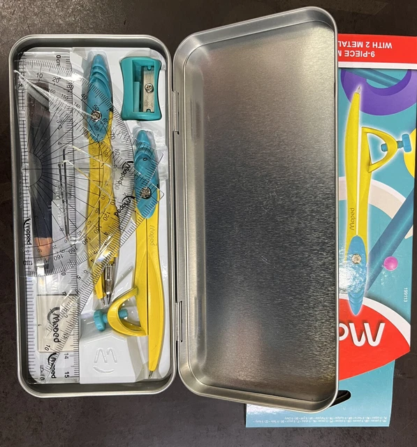 MATHS GEOMETRY SET Tin Case Compact Compass Ruler Protractor Squares ...