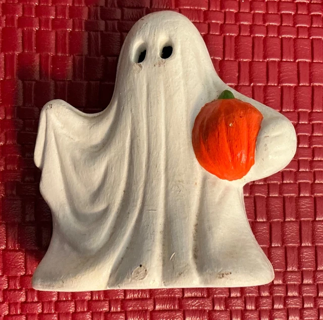 VTG HALLOWEEN CERAMIC Ghost w/Frowning Pumpkin Jack-o-Lantern Figurine ...