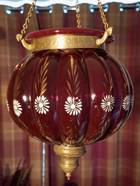 ANTIQUE INDIAN BELGIUM Colonial Glass Hundi Lantern Ceiling Light Lamp ...