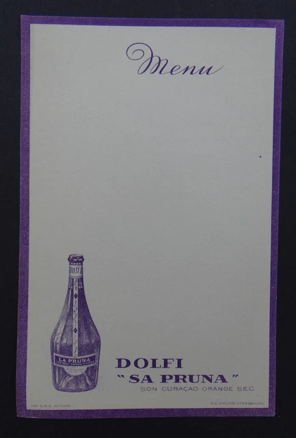 DOLFI SA PRUNA MENU curacao liqueur ALSACE virgin French card ...