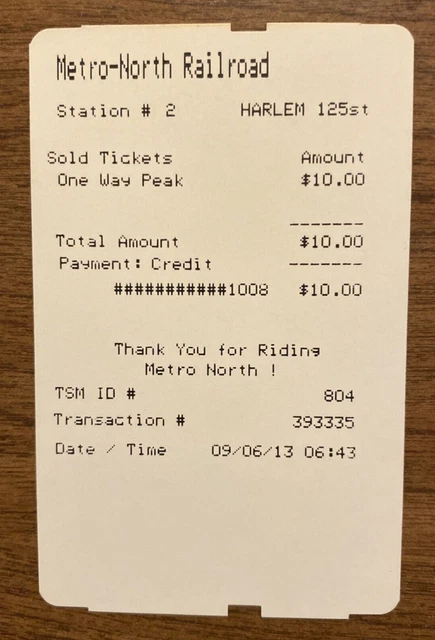 METRO-NORTH RAILROAD TRAIN Ticket Receipt 2013 Harlem New York NY P2C ...