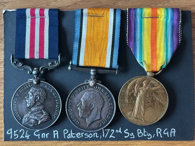 BRITISH WW1 MEDALS Military Medal & Pair MM PATERSON 172nd Siege Bty ...