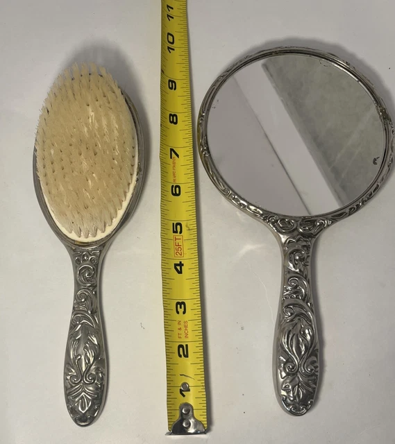 VINTAGE HAND HELD Silver Plated Vanity Mirror & Hair Brush Set ...