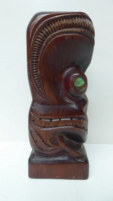 MAORI WOODEN CARVED Tiki Paua Shell Inlay Eyes New Zealand Rotorua Tiki ...