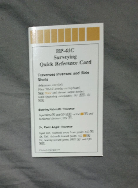 QUICK REFERENCE CARD for Hewlett Packard HP 41C Calculator surveying ...