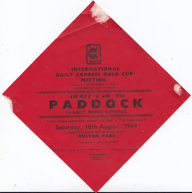 1969 OULTON PARK Gold Cup F1 F2 F5000 Paddock Car Admit Ticket Pass ...