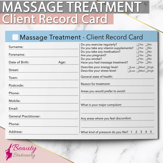MASSAGE CLIENT RECORD Card Treatment Consultation Massage Therapists ...