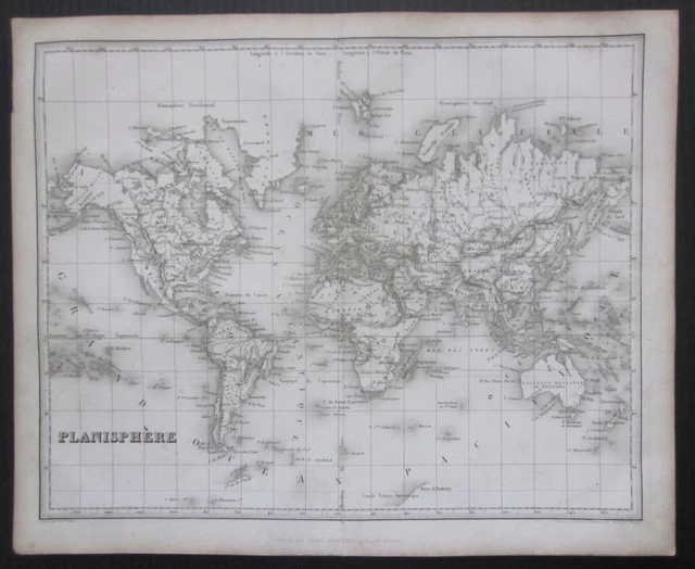 1843 PLANISPHERE CARTA antica Balbi-Dufour planisfero mappamondo world ...