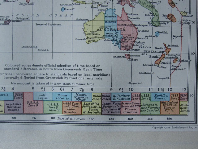 1952 MAP ~ World Time Zones Africa Europe India Russia North America ...