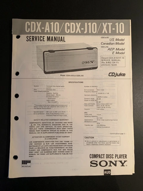 SONY CDX-A10, J10, XT-10 CD-Player - CDJuke ORIGINAL Service Manual - 1986 EUR 9,55 - PicClick DE