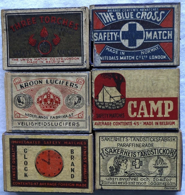 6 OLD MATCH Box Labels Camp Lucifers Germany Belgium London Blue Cross ...