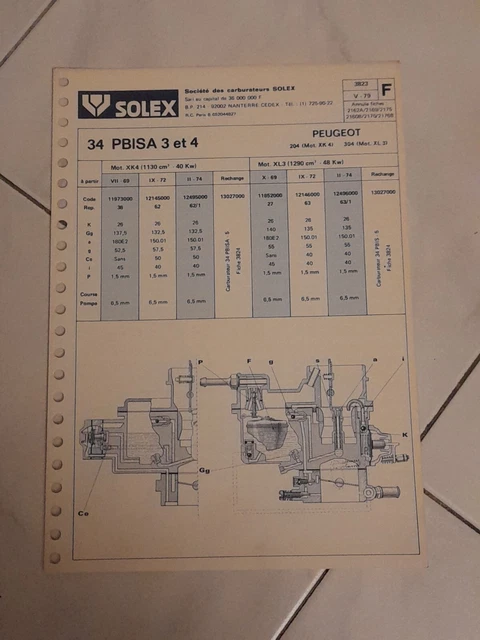 CARBURATORI SOLEX-FICHES TECHNIQUES-34 PBISA-3 et 4- PEUGEOT 204 - 304 ...
