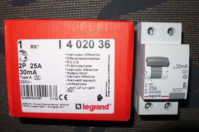 INTERRUPTEUR DIFFERENTIEL 2 POLES, 25A 30mA TYPE A, 25AMPERES 2P. LEGRAND 402036 EUR 29,00 ...