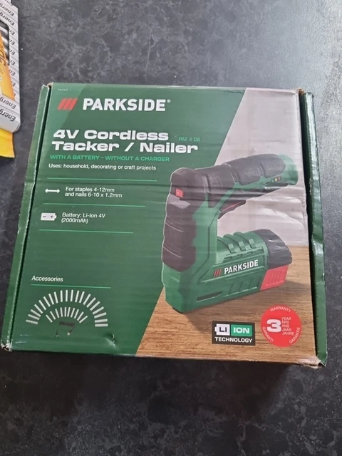 PARKSIDE CORDLESS NAILER Stapler Nail Gun Tacker 4V Li-Ion PAT 4 D6 £20 ...