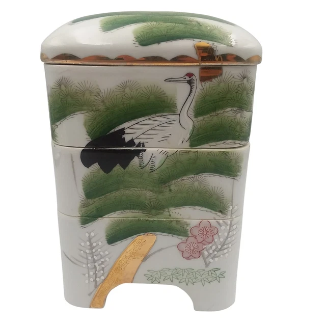 VINTAGE JAPANESE JUBAKO Box Stacking Bento Crane 3 Tier Design Lunch ...