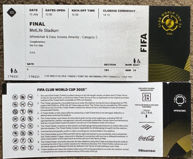 TICKET 2025 FIFA CLUB WORLD CUP FINAL CHELSEA v PARIS SAINT GERMAIN PSG £12.99 - PicClick UK