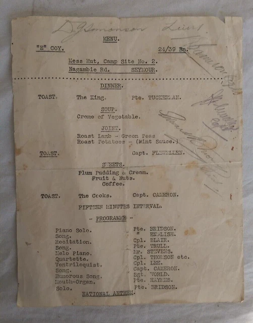 AUSTRALIAN WW2 24/39 Battalion dinner menu signed by 30 soldiers. 1939 ...