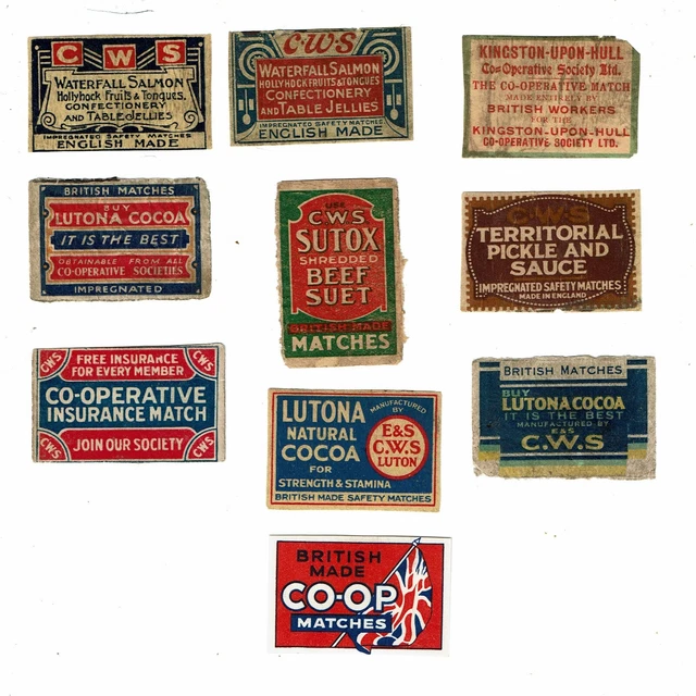 10 OLD BRITISH early 1900s matchbox label 10 panels Co op Sutox Beef ...