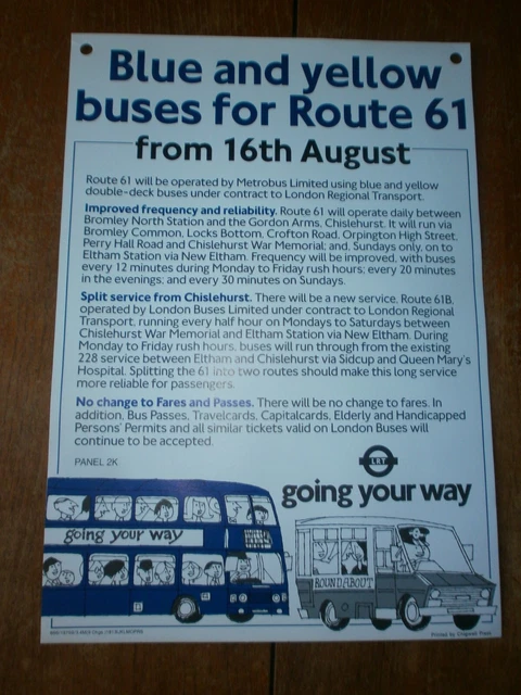 LONDON TRANSPORT TIMETABLE Panel Poster-Blue & Yellow Buses For Route ...
