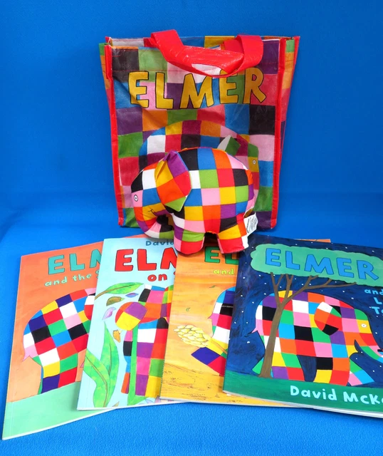 ELMER THE PATCHWORK ELEPHANT RAINBOW DESIGN soft toy VINYL CARRIER BAG ...