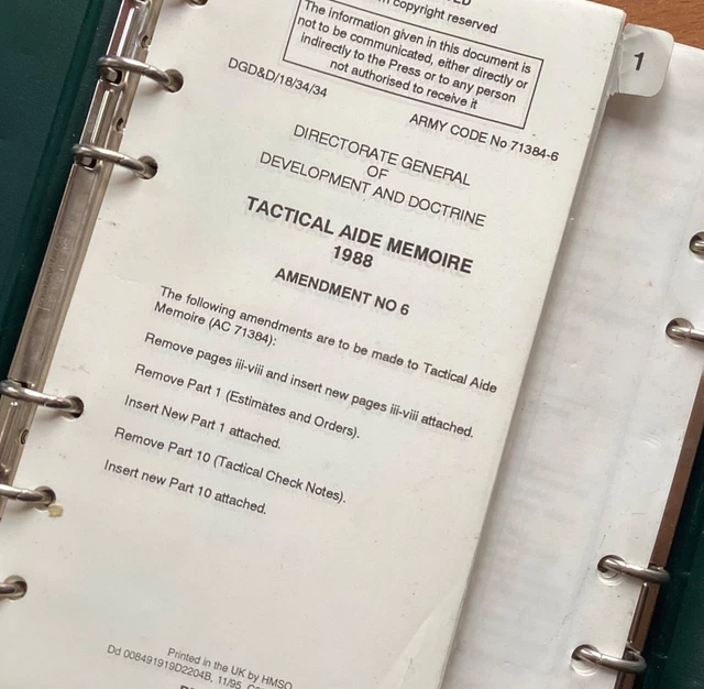 ORIGINAL BRITISH ARMY TACTICAL AIDE MEMOIRE 1988, complete with issue ...