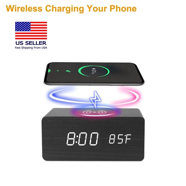 LED DESK ALARM Clock with Wooden Finish, Thermometer, and Qi Wireless ...