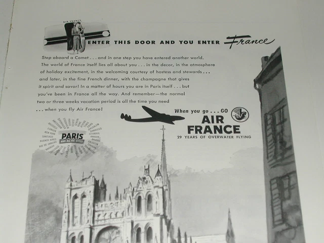 1948 AIR FRANCE advertisement, Notre Dame Cathedral, Constellation ...