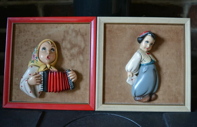 VINTAGE SAREM CHALKWARE Wall Plaques Italy Figurine 60s Kitsch Framed ...