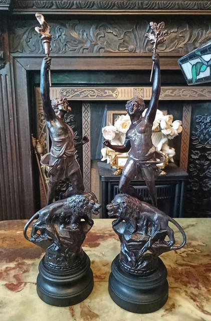 PAIR OF FRENCH Antique Patinated Spelter Figures of La Force and Le ...