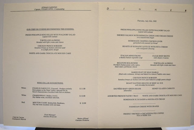 1988 TSS SITMAR Fairwind Cruise Ship Dinner Menu RMS Sylvania Noal ...