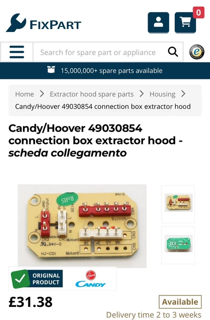 GENUINE. NEW. CANDY Hoover Part. SCHEDA COLLEGAMENTO EAN Code: 49030854 ...