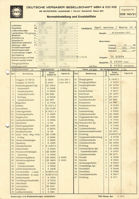 FICHE TECHNIQUE DONNÉES de réglage Solex 32 DIDTA carburateur Opel Ascona Manta 16S 3441568C EUR ...