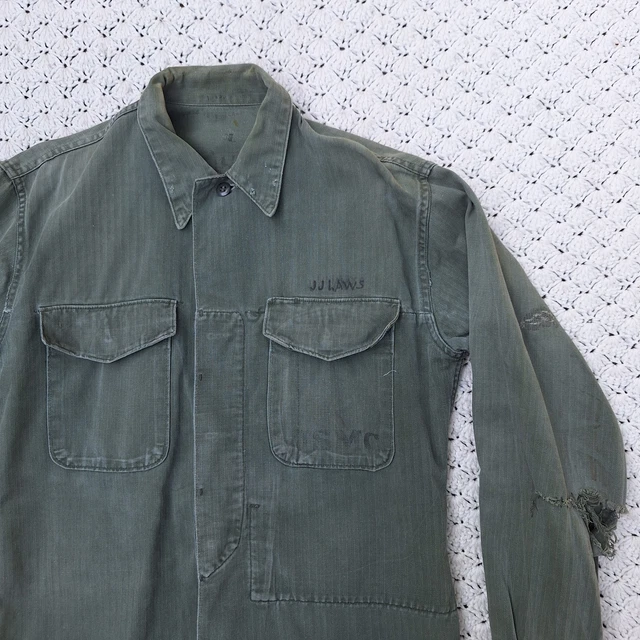 VTG P56 USMC Herringbone HBT Utility Shirt Jacket Korean War Stencil ...