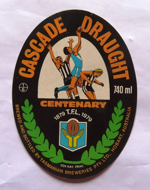 1979 CASCADE DRAUGHT Beer Label: CENTENARY OF TASMANIAN FOOTBALL (TFL ...
