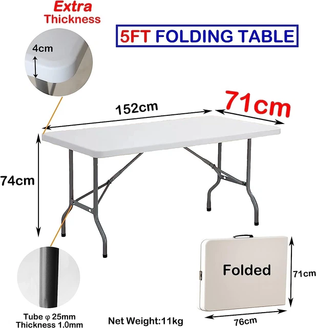MQ HOUSEWARE 5FT Folding Table Plastic Fold in Half w/Handle Heavy Duty ...