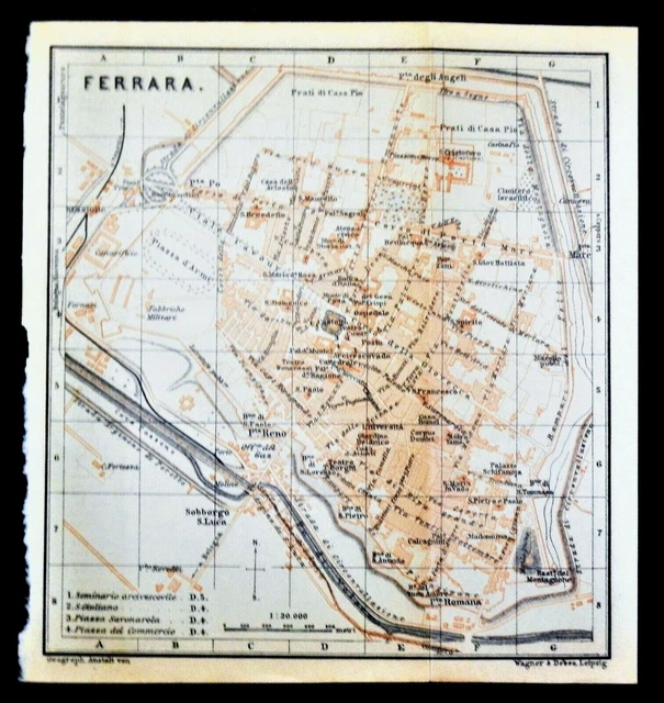 1904 MAPPA TOPOGRAFICA Citta' di FERRARA..Wagner & Debes Baedeker.Scala ...
