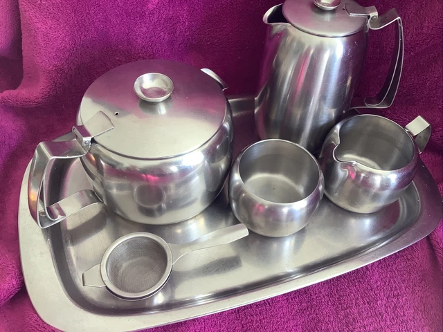 VTG OLD HALL 5 PieceStainless Steel Tea Set Tray + Tea Strainer (not ...