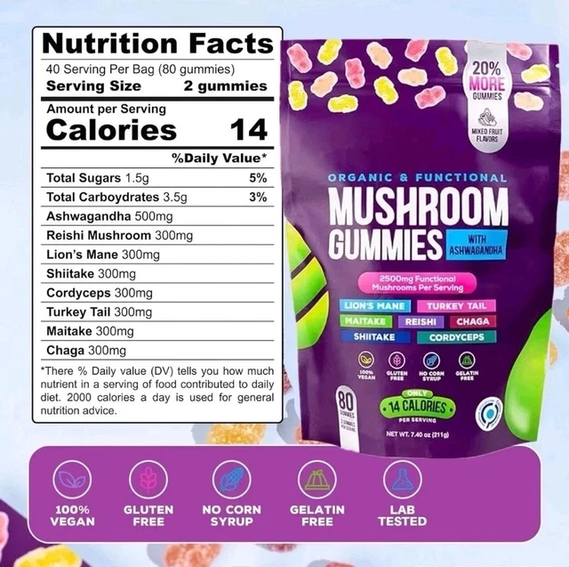 MUSHROOM COMPLEX GUMMIES 2500mg 80 with Lion's Mane Ashwaghanda Reishi ...