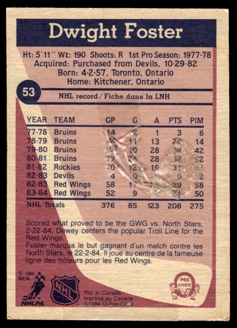 1984-85 O-PEE-CHEE **C** Dwight Foster Detroit Red Wings #53 $1.00 ...