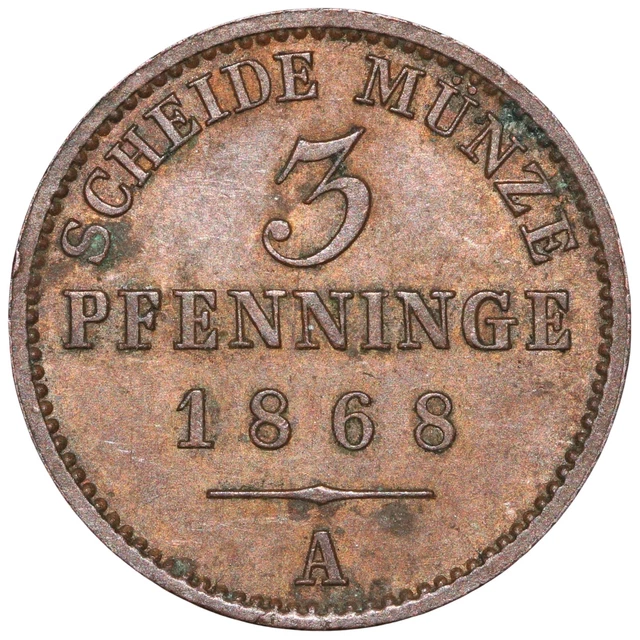 1868 A GERMAN States Prussia 3 Pfennigs Coin – Berlin Mint – Copper £5. ...