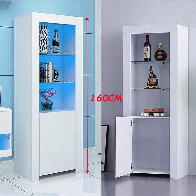 HIGH GLOSS WHITE Cabinet Cupboard Tall Display Storage Unit Glass Doors ...