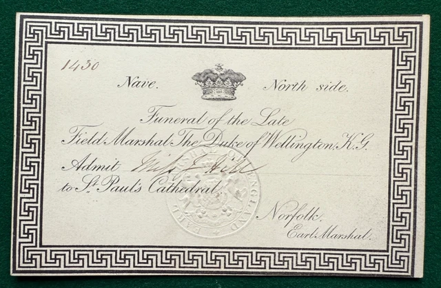 ANTIQUE MILITARY FUNERAL Ticket Field Marshal Arthur Wellesley Duke ...